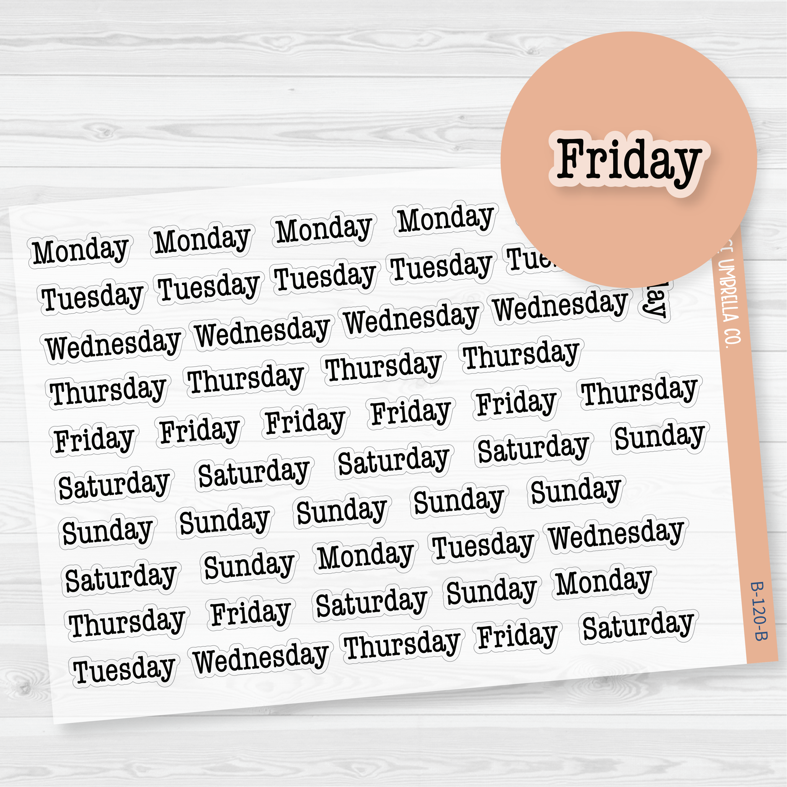 Days of the Week Stickers – Script Weekly Planner Headers – Clear Matte